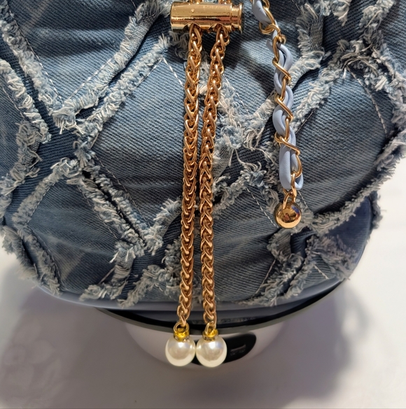 Bags | Boho Chic Raw Edge Denim Drawstring Bucket Bag With Gold Chain ...
